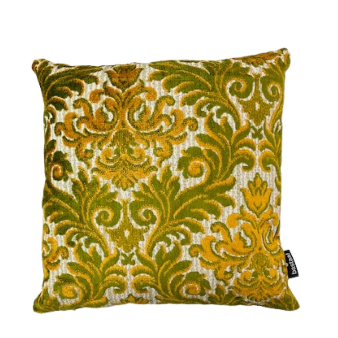 jacquard patroon - geel groen velours brocant - kussen retro - Bastaa!