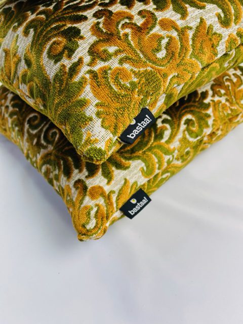 jacquard patroon - geel groen velours brocant - kussen retro - Bastaa!